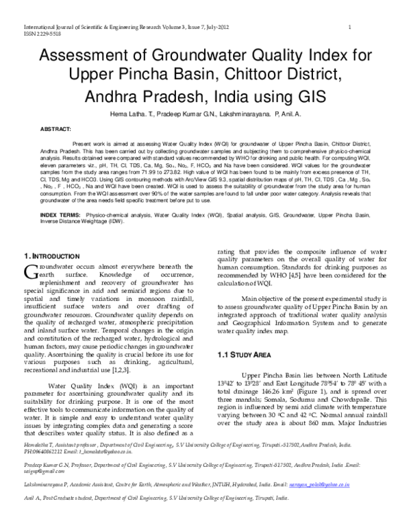 (PDF) Assessment of Groundwater Quality Index for Upper Pincha Basin, Chittoor District, Andhra ...
