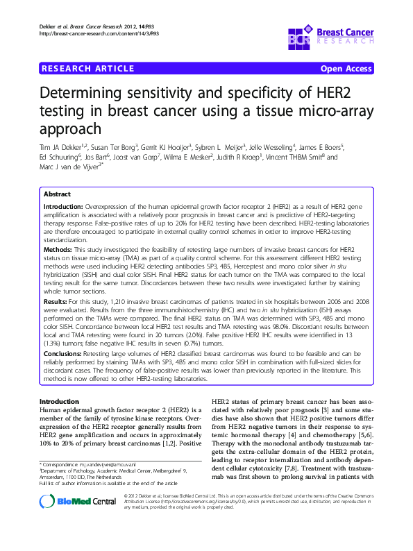 (PDF) Determining sensitivity and specificity of HER2 testing in breast ...