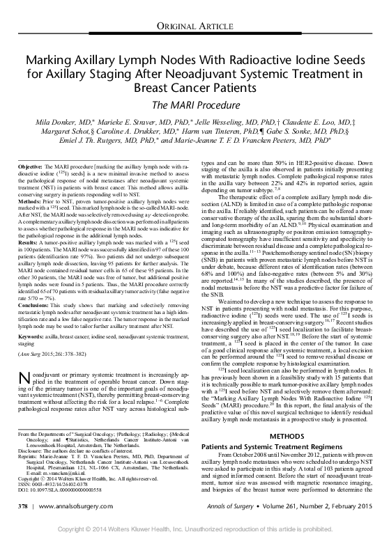 (PDF) Marking Axillary Lymph Nodes With Radioactive Iodine Seeds for ...