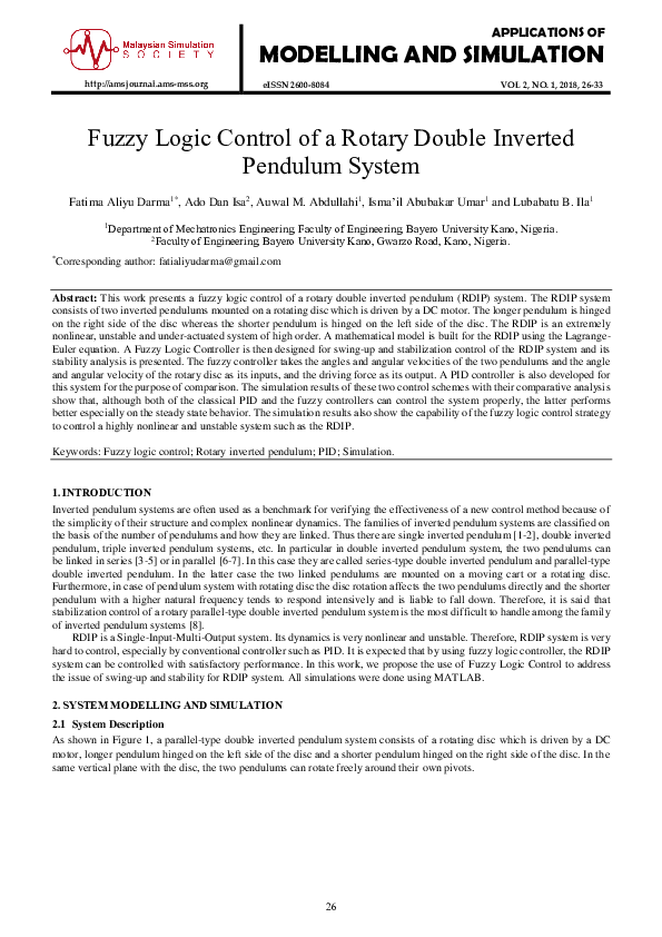 (PDF) Fuzzy Logic Control of a Rotary Double Inverted Pendulum System