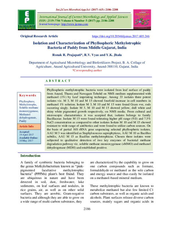 (PDF) Isolation and Characterization of Phyllospheric Methylotrophic ...