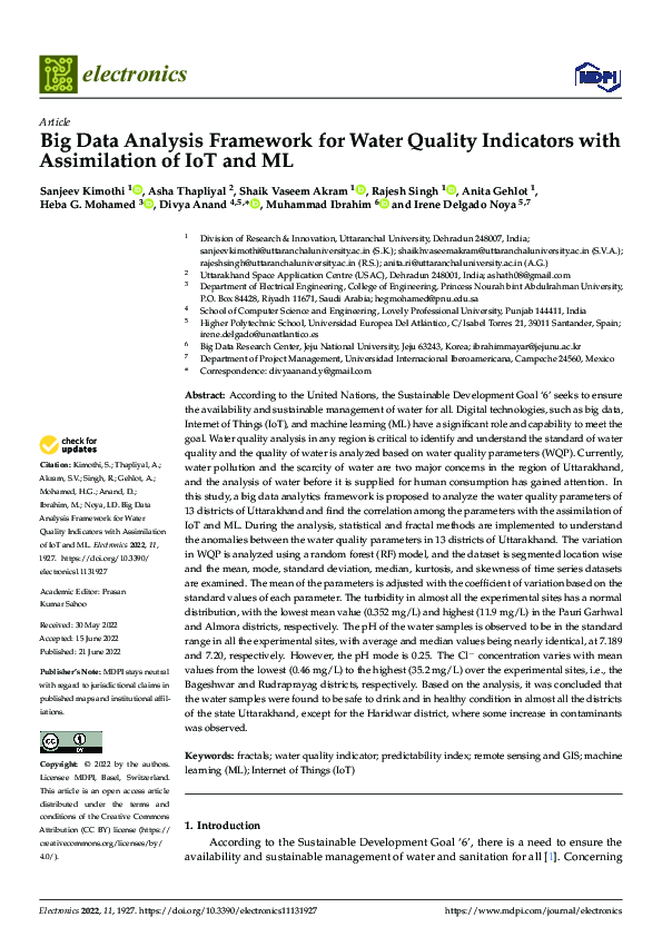 Pdf Big Data Analysis Framework For Water Quality Indicators With Assimilation Of Iot And Ml