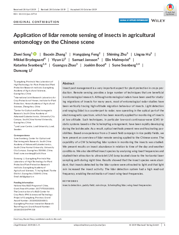 (PDF) Lidar Remote Sensing of Insects in Chinese Agriculture
