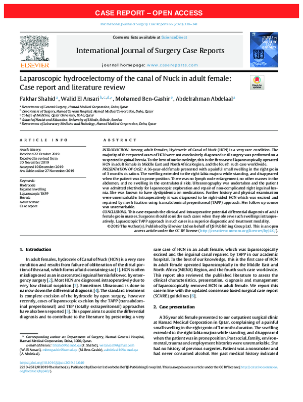(PDF) Laparoscopic hydrocelectomy of the canal of Nuck in adult female ...