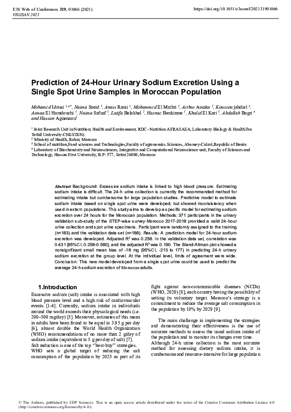(PDF) Prediction of 24-Hour Urinary Sodium Excretion Using a Single ...