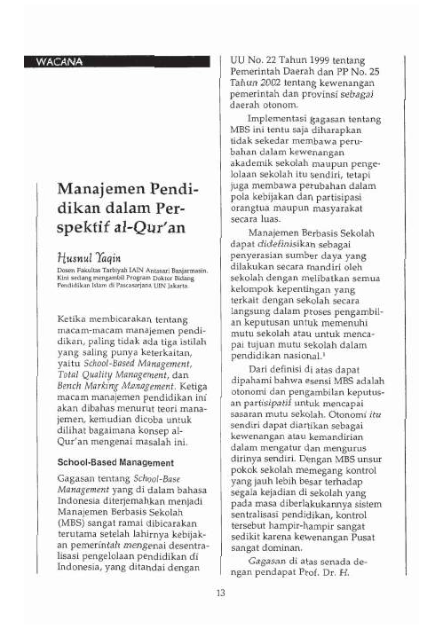 (PDF) Manajemen Pendidikan Dalam Perspektif Al-Qur'an | Husnul Yakin - Academia.edu