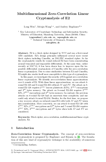 (PDF) Multidimensional Zero-Correlation Linear Cryptanalysis of E2