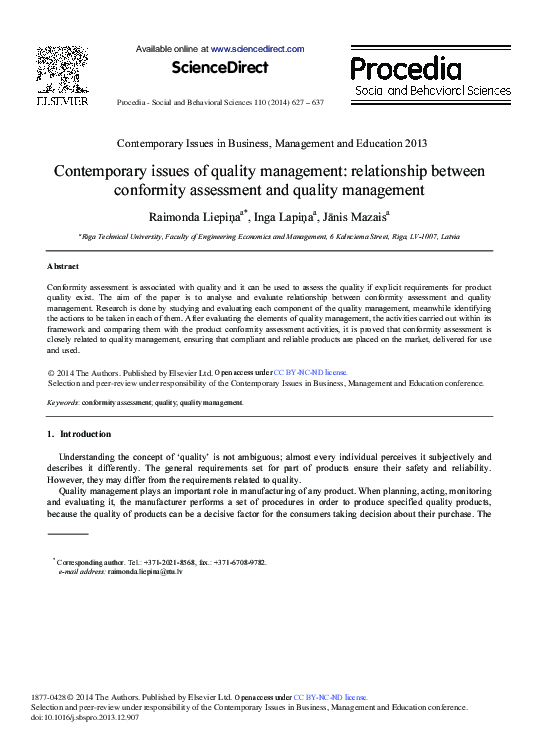 (PDF) Contemporary Issues of Quality Management: Relationship between ...