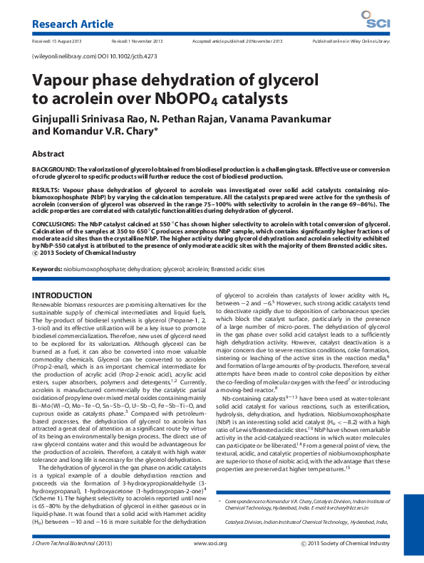 (PDF) Vapour phase dehydration of glycerol to acrolein over NbOPO 4 ...