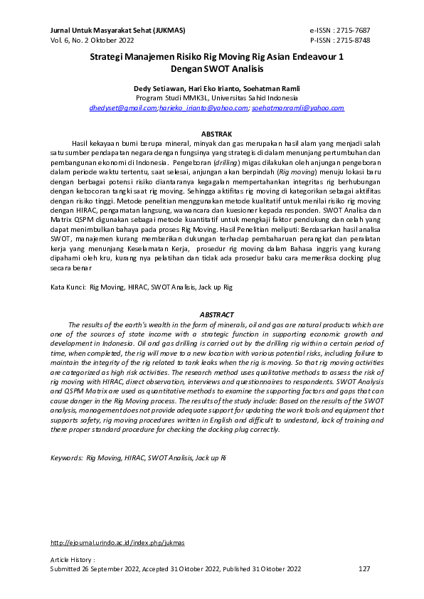 (PDF) Strategi Manajemen Risiko Rig Moving Rig Asian Endeavour 1 Dengan ...
