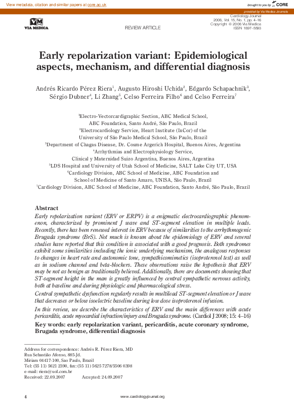 (PDF) Early repolarization variant: epidemiological aspects, mechanism ...