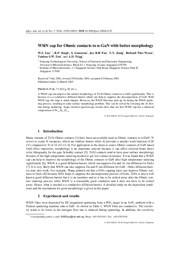 (PDF) WSiN cap for Ohmic contacts to n-GaN with better morphology