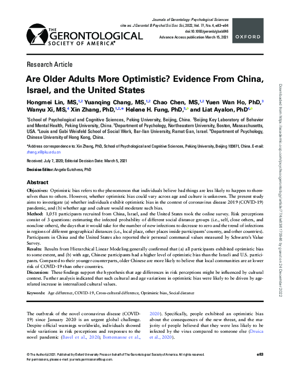 (PDF) Are Older Adults More Optimistic? Evidence From China, Israel ...