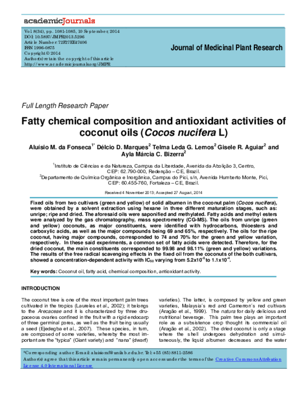 (PDF) Fatty chemical composition and antioxidant activities of coconut ...