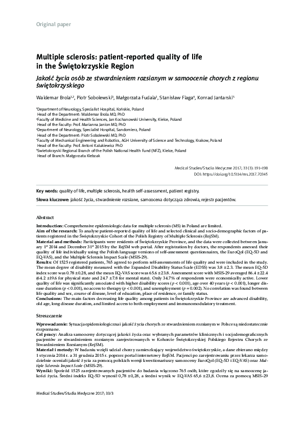 (PDF) Multiple sclerosis: patient-reported quality of life in the ...