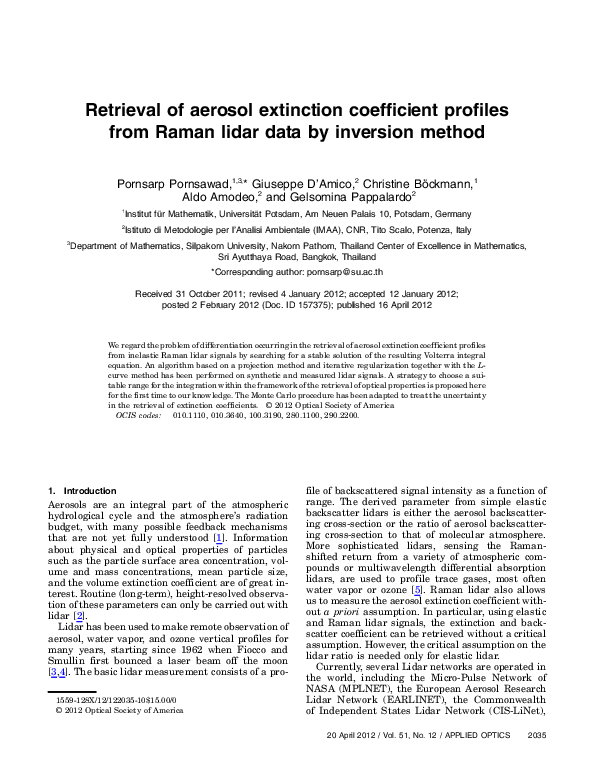 Pdf Retrieval Of Aerosol Extinction Coefficient Profiles From Raman Lidar Data By Inversion Method