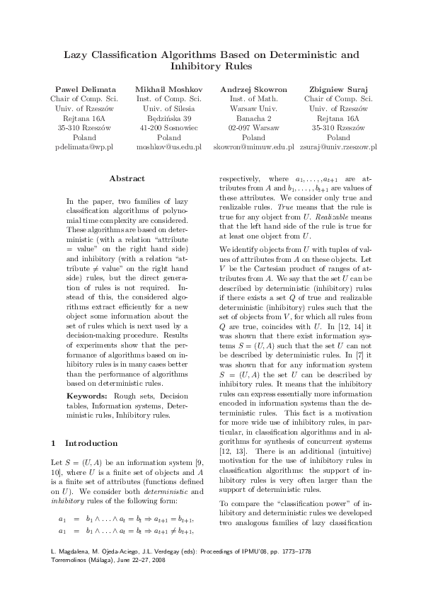 Pdf Lazy Classification Algorithms Based On Deterministic And Inhibitory Association Rules