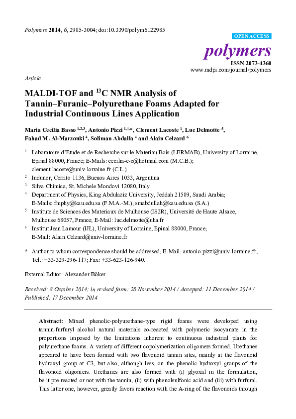 (PDF) MALDI-TOF and 13C NMR Analysis of Tannin–Furanic–Polyurethane ...