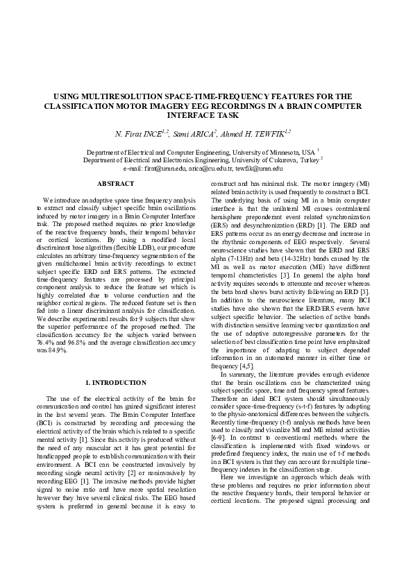 Pdf Using Multiresolution Space Time Frequency Features For The Classification Motor Imagery
