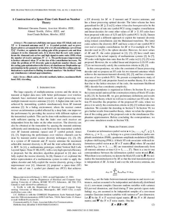 Pdf A Construction Of A Space Time Code Based On Number Theory