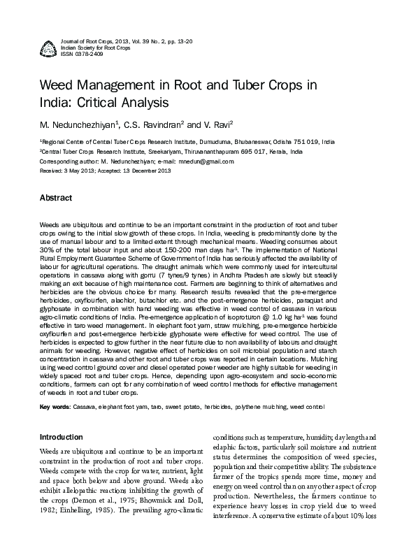 (PDF) Weed Management in Root and Tuber Crops in India: Critical Analysis | M Nedunchezhiyan ...