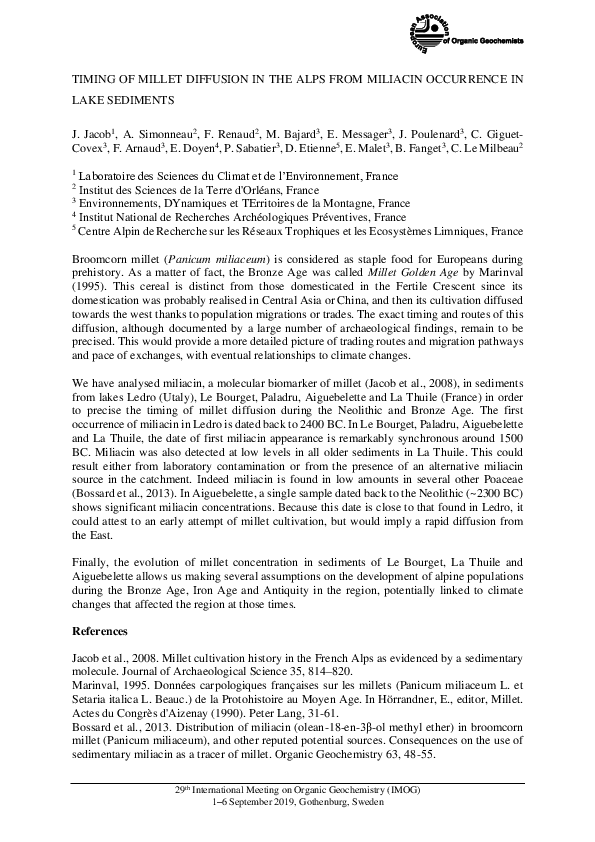 Timing of Millet Diffusion in the Alps from Miliacin Occurrence in Lake ...