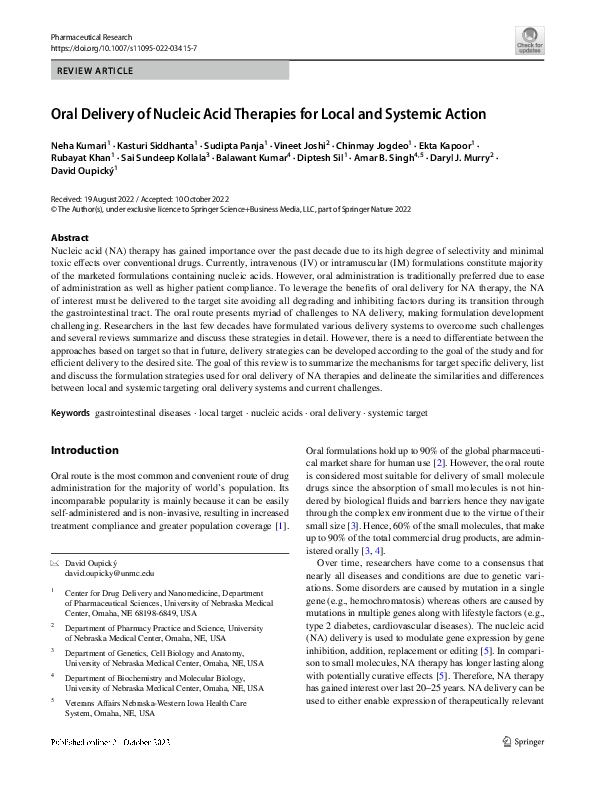 (PDF) Oral Delivery of Nucleic Acid Therapies for Local and Systemic Action