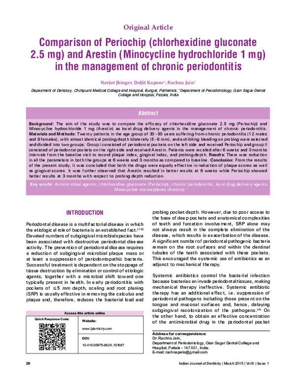 (PDF) Comparison of Periochip (chlorhexidine gluconate 2.5 mg) and ...
