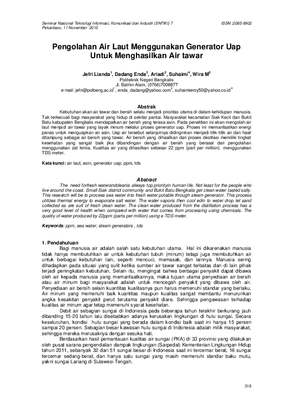 (PDF) Pengolahan Air Laut Menggunakan Generator Uap Untuk Menghasilkan Air tawar