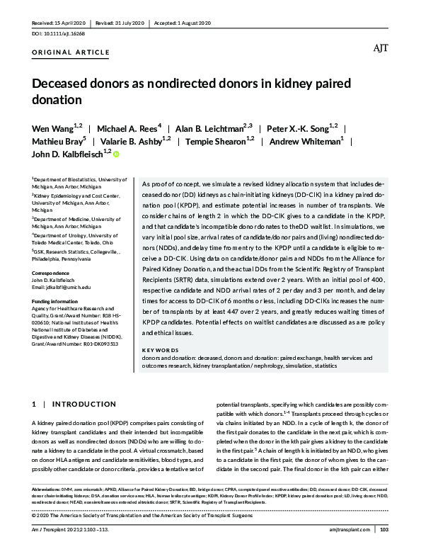 (PDF) Deceased donors as nondirected donors in kidney paired donation