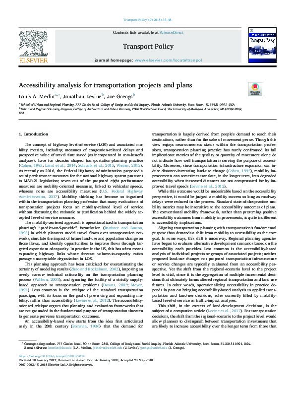 (PDF) Accessibility analysis for transportation projects and plans