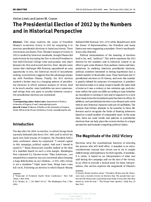 (PDF) The Presidential Election of 2012 by the Numbers and in ...