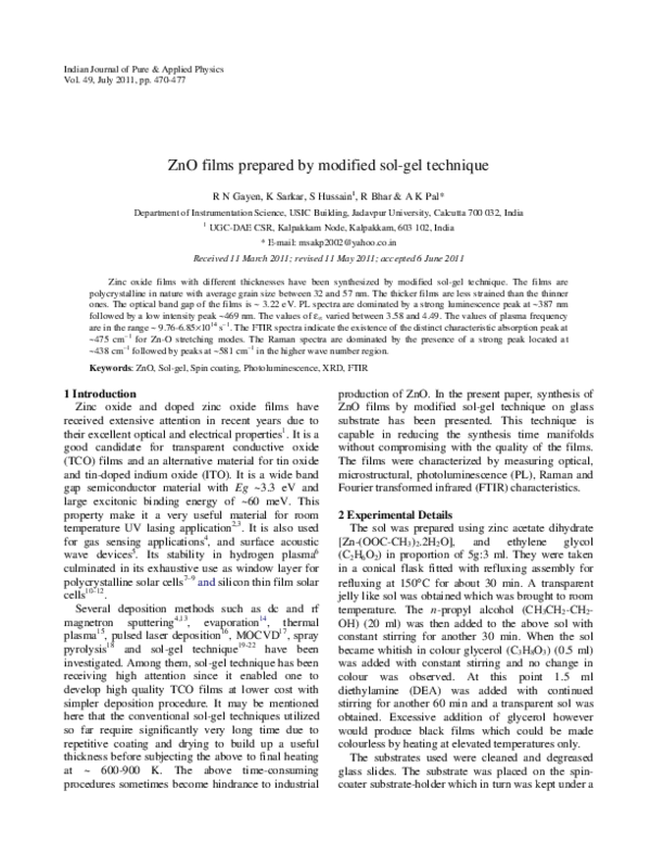 (PDF) ZnO films prepared by modified sol-gel technique