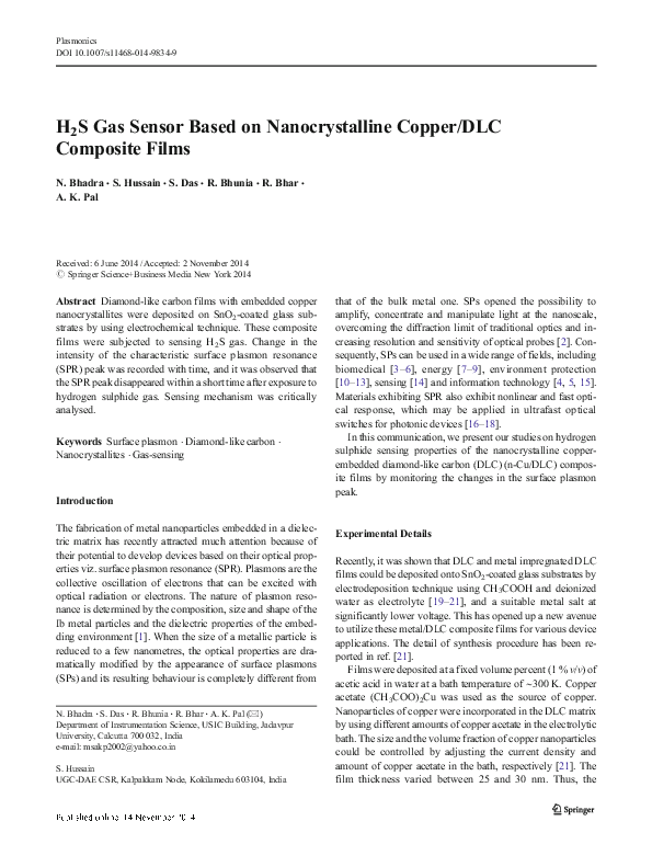 (PDF) H2S Gas Sensor Based on Nanocrystalline Copper/DLC Composite Films