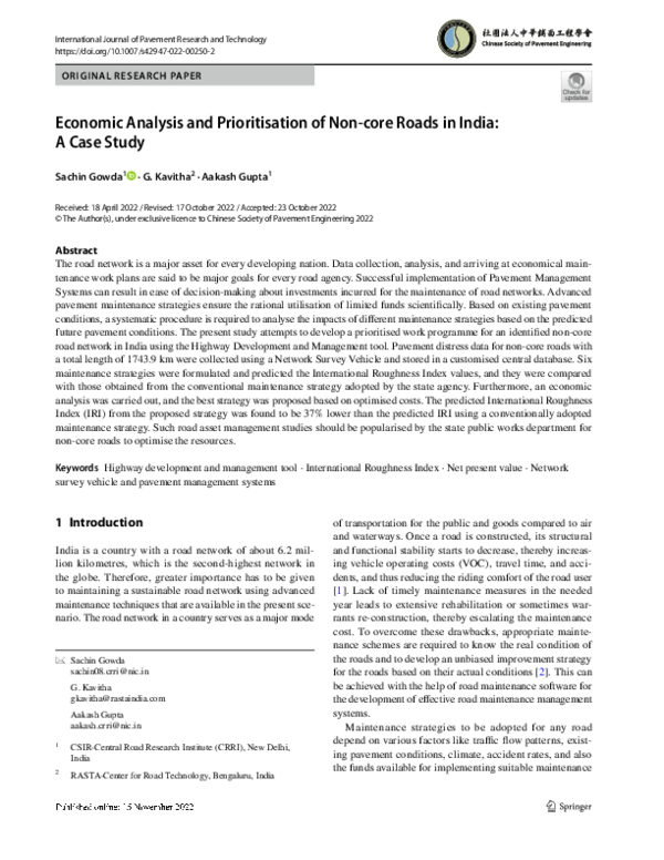 (PDF) Economic Analysis and Prioritisation of Non-core Roads in India ...