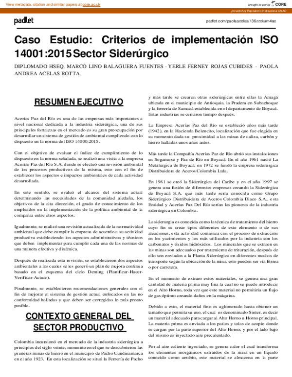 (PDF) Caso Estudio: Criterios de implementación ISO 14001:2015 Sector Siderúrgico