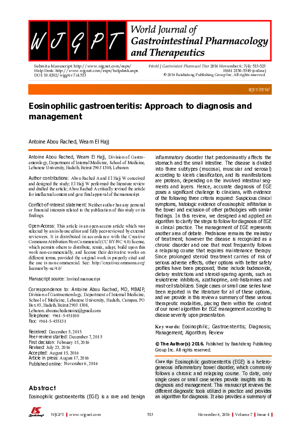 (PDF) Eosinophilic gastroenteritis: Approach to diagnosis and management