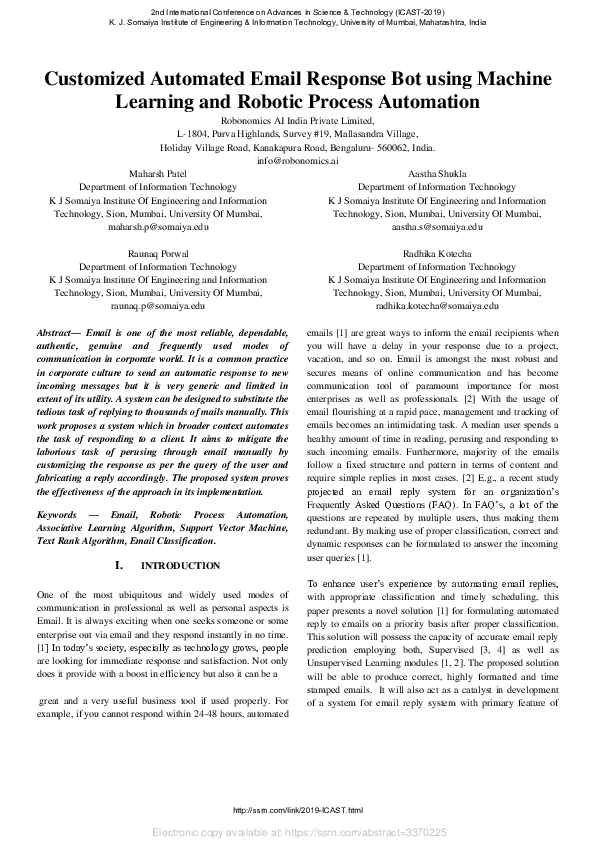 (PDF) Customized Automated Email Response Bot Using Machine Learning ...