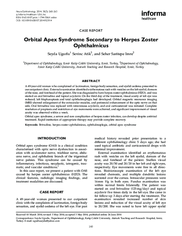 (PDF) Orbital Apex Syndrome Secondary to Herpes Zoster Ophthalmicus