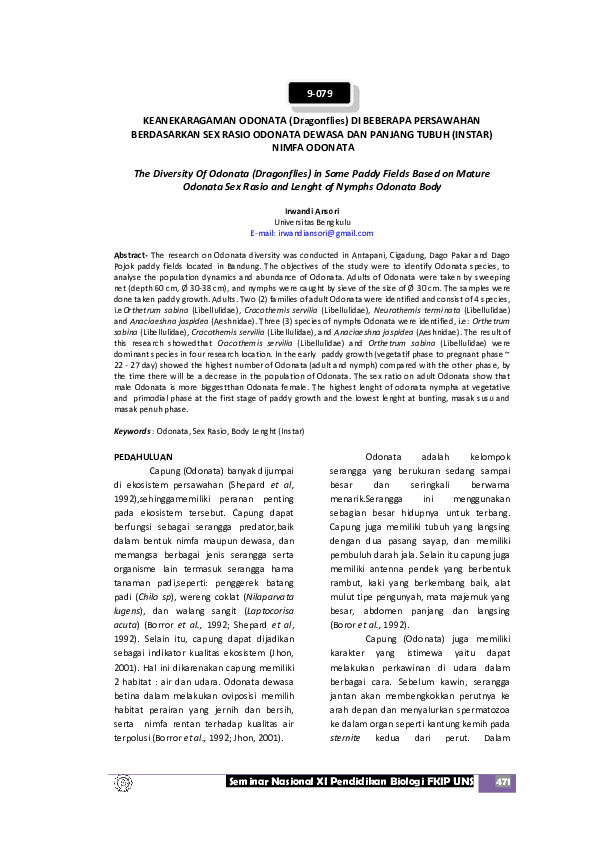 Pdf Keanekaragaman Odonata Dragonflies Di Beberapa Persawahan