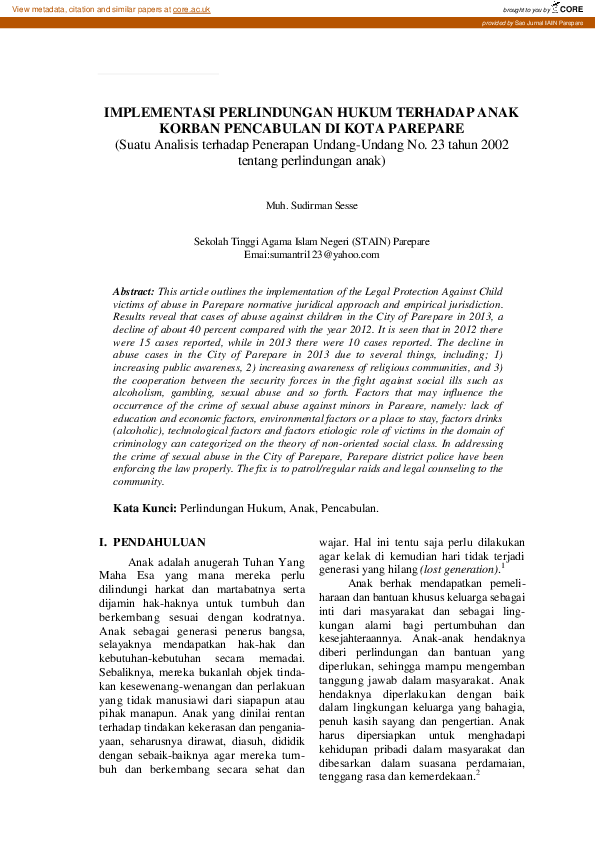 (PDF) IMPLEMENTASI PERLINDUNGAN HUKUM TERHADAP ANAK KORBAN PENCABULAN DI KOTA PAREPARE (Suatu ...