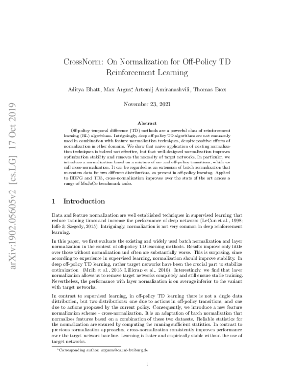 (PDF) CrossNorm: Normalization for Off-Policy TD Reinforcement Learning