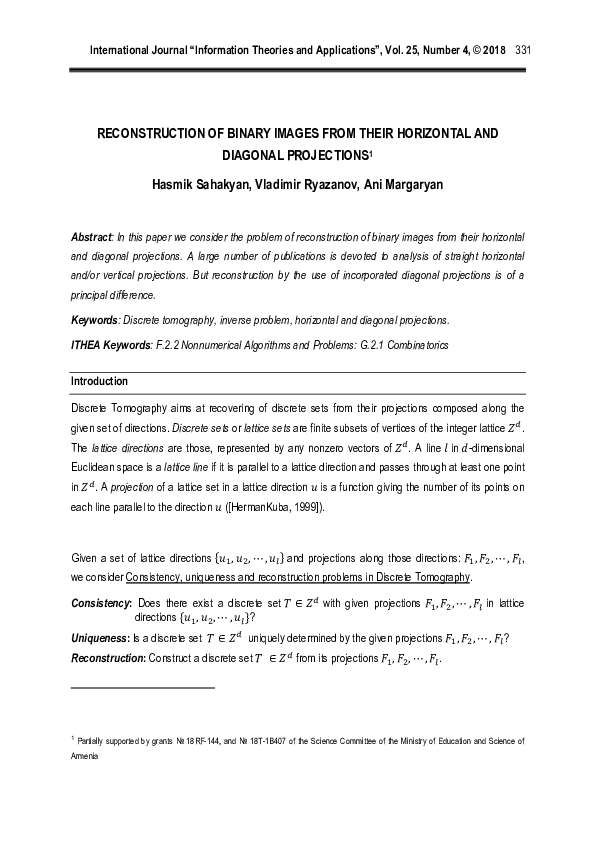 Pdf Reconstruction Of Binary Images From Their Horizontal And Diagonal Projections Ani