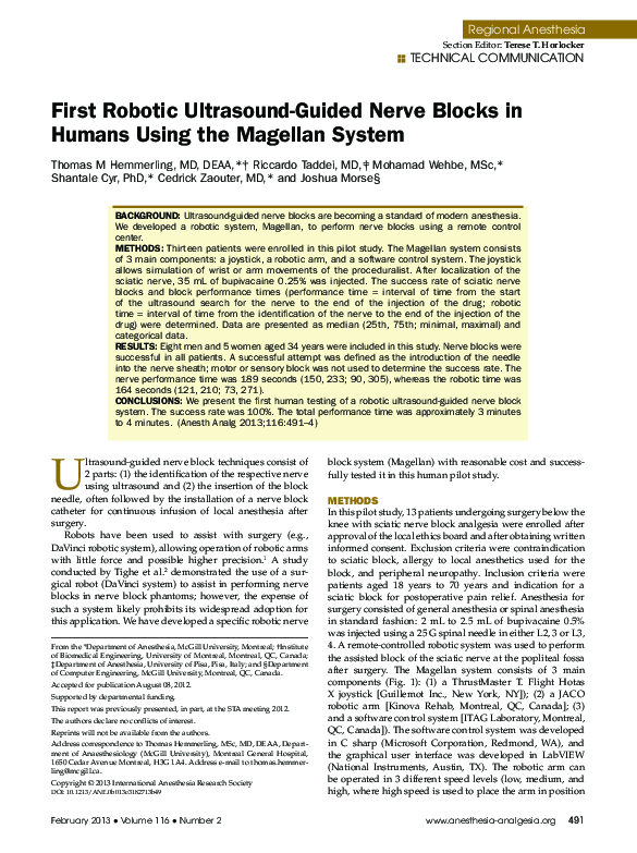 (PDF) First Robotic Ultrasound-Guided Nerve Blocks in Humans Using the ...