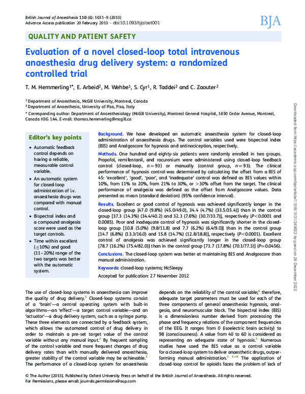 (PDF) Evaluation of a novel closed-loop total intravenous anaesthesia drug delivery system: a ...