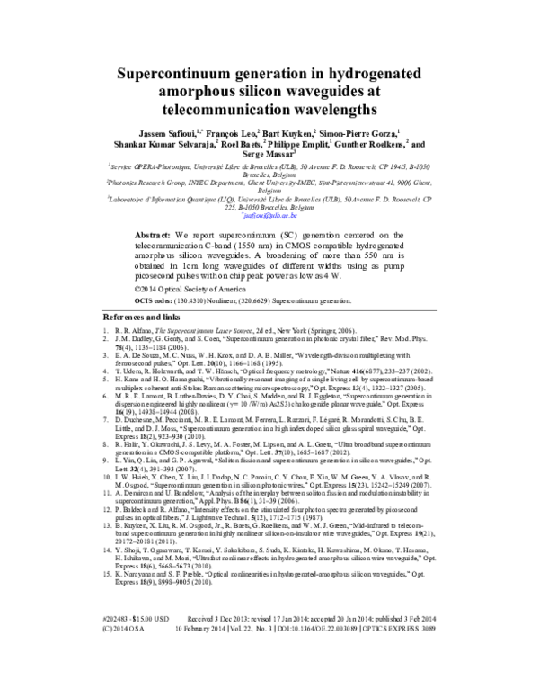 (PDF) Supercontinuum generation in hydrogenated amorphous silicon waveguides at ...