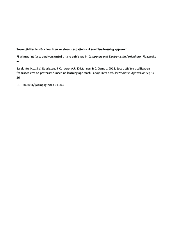 (PDF) Sow-activity classification from acceleration patterns: A machine learning approach
