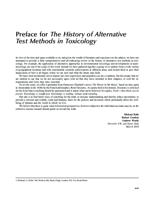 (PDF) Preface for The History of Alternative Test Methods in Toxicology