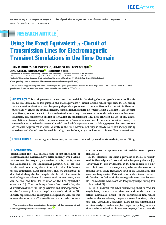 (PDF) Using the Exact Equivalent π-Circuit of Transmission Lines for Electromagnetic Transient ...