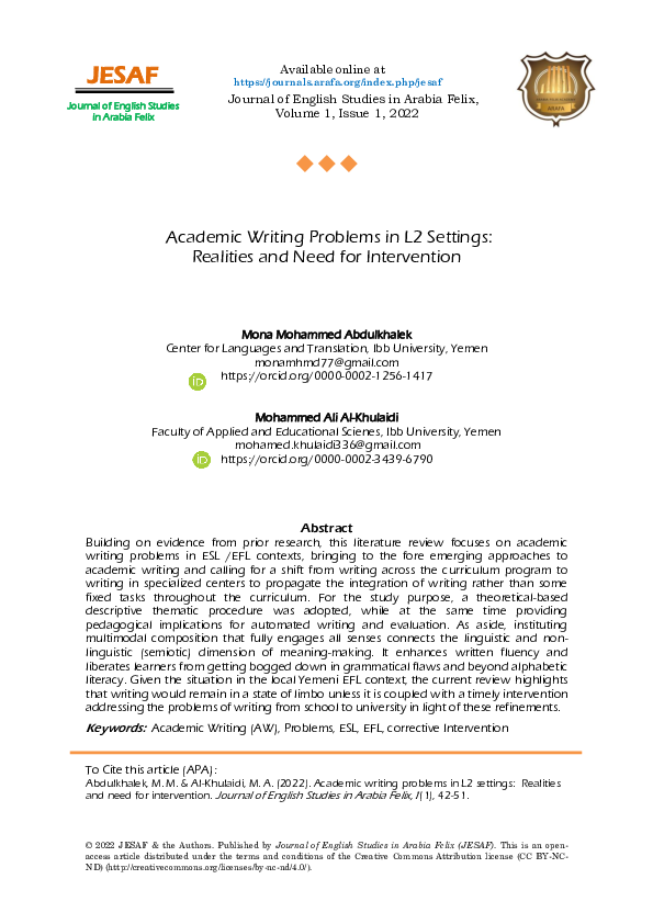 (PDF) Academic Writing Problems in L2 Settings: Realities and Need for ...